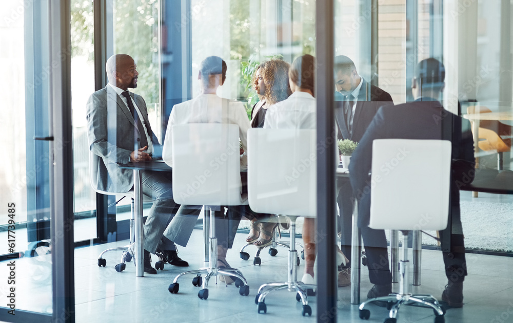 Boardroom, discussion and teamwork with solution and leader at company ...