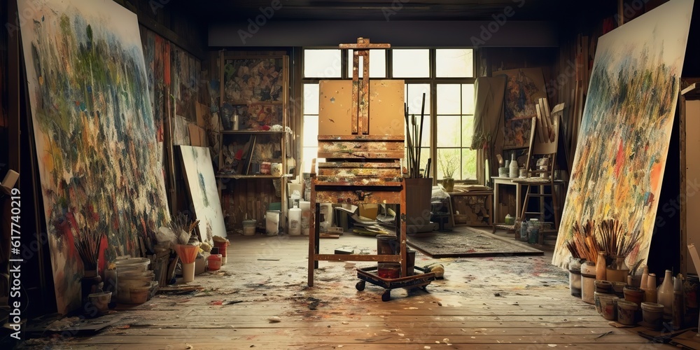 AI Generated. AI Generative. Vintage artist draw pain art room with ...