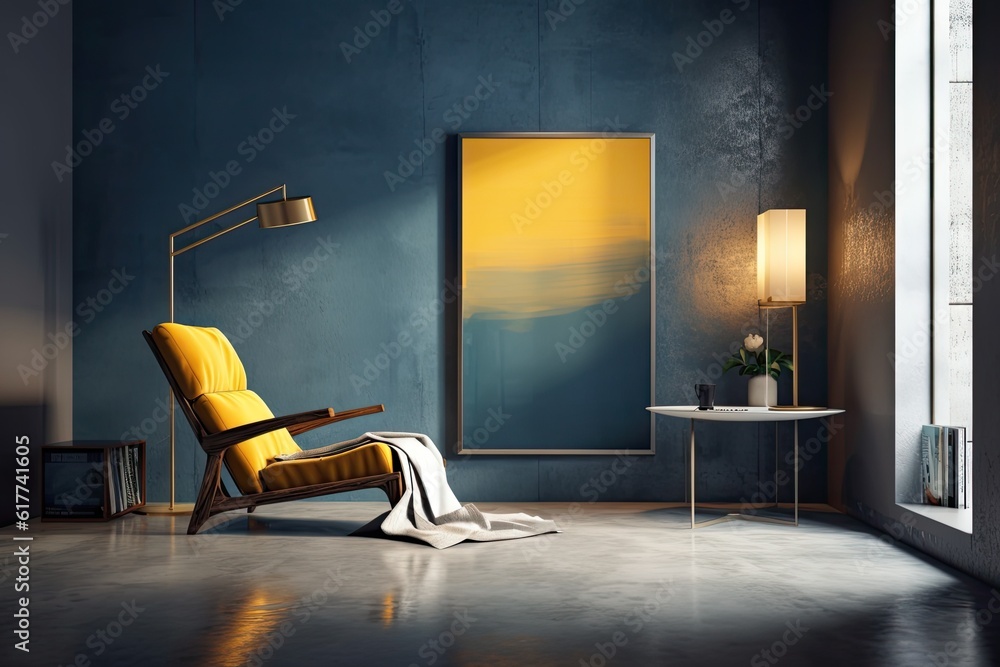 Interior of a barren, deep blue room with a cement floor and a yellow ...