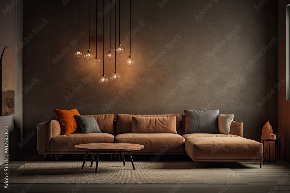 Interior of a contemporary living room with a couch covered in fabric ...