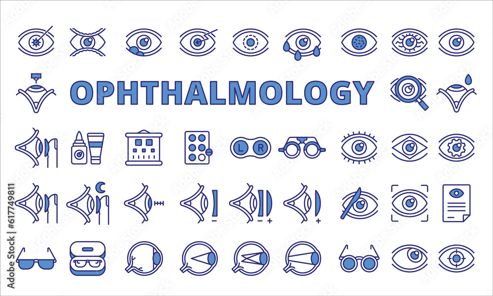 Set of Ophthalmology icons in line design blue. Eye, Vision, Glasses ...