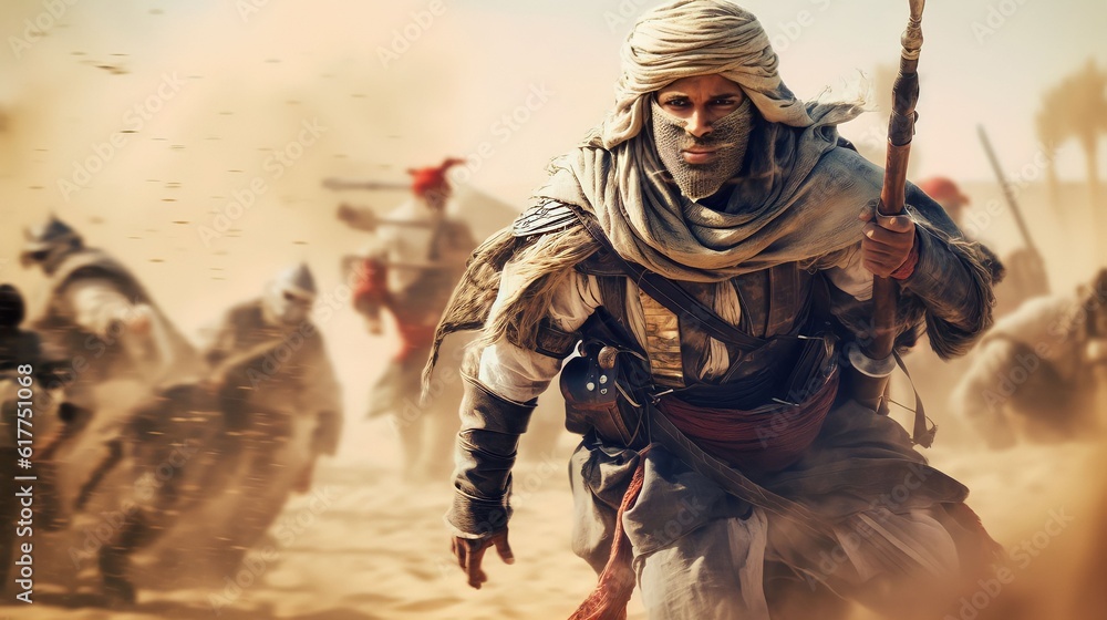 ancient arabic background design, moment of arab soldier in battle ...