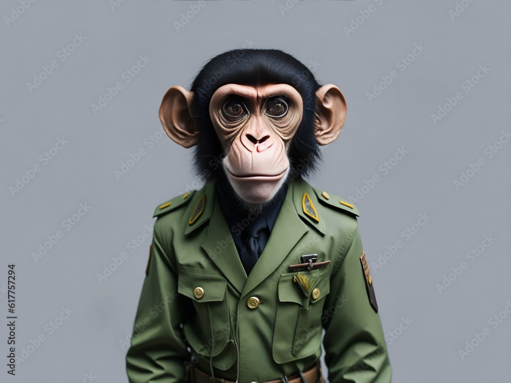 Portrait of a monkey wearing a army dress, shirt and tie on a ...