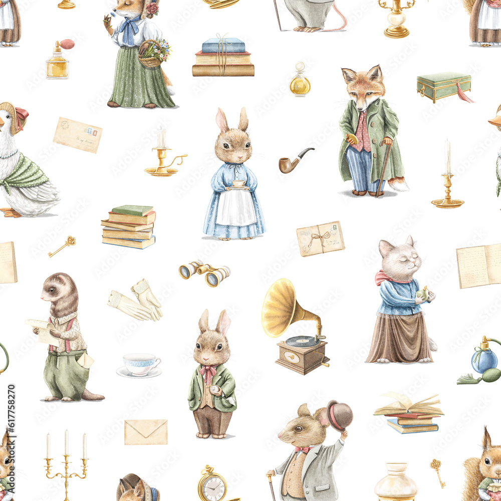 Seamless pattern with vintage variety of cute animals in clothes and ...