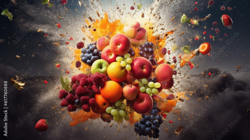 Explosion of juicy fruits and juce splash ilustração do Stock | Adobe Stock