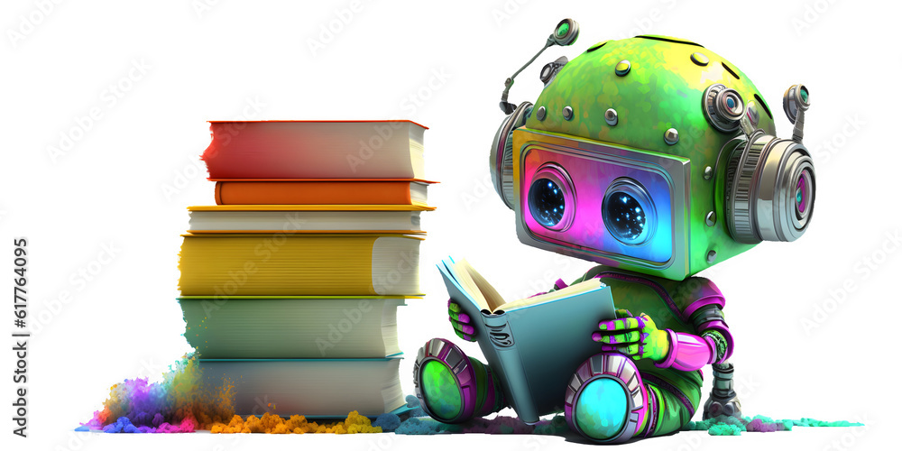 Cute robot reading a book, cartoon style, isolated on white background ...