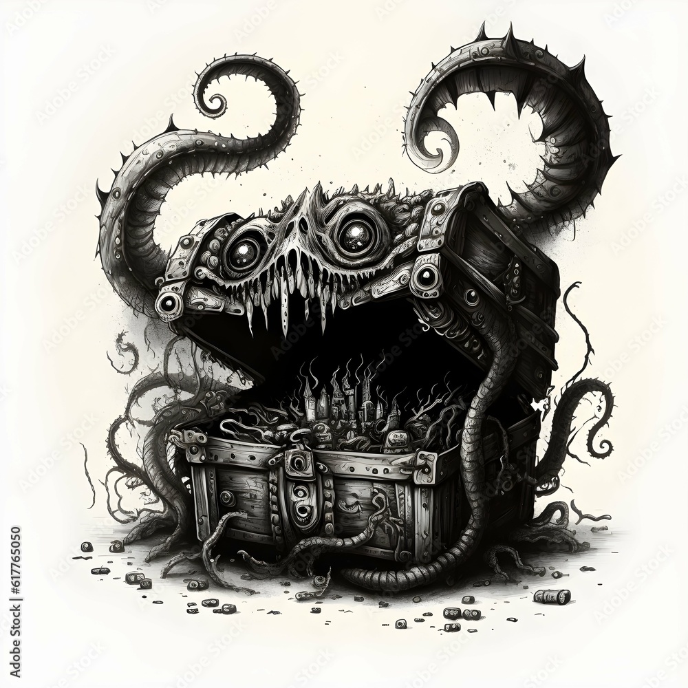 DD treasure chest mimic monster Black ink on plain white background DD ...