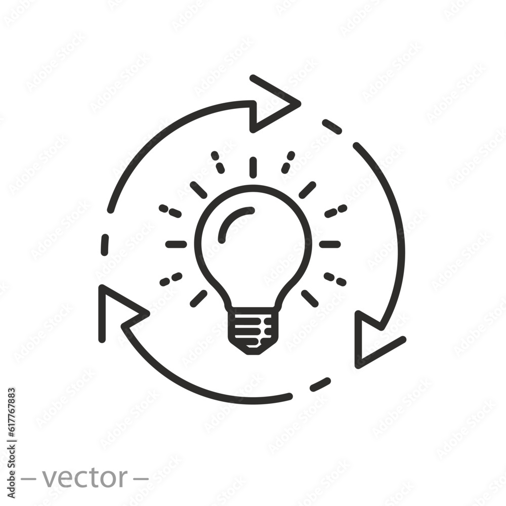 idea implementation process icon, light bulb with circle arrows, clean ...
