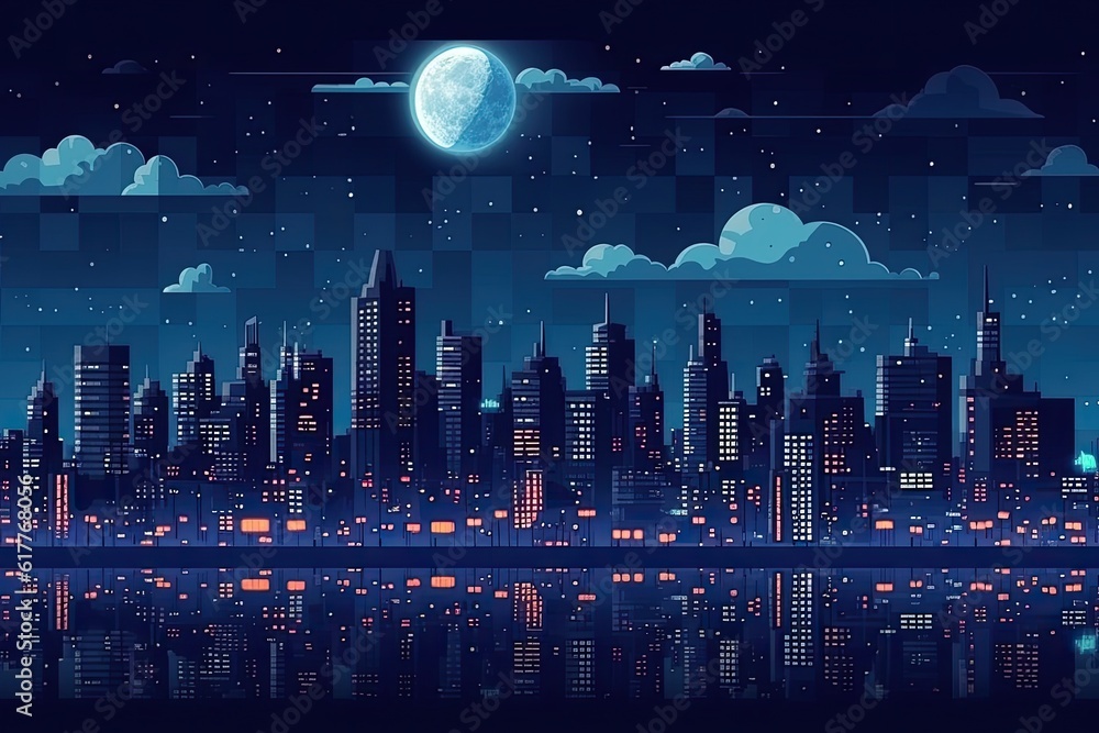 Urban landscape of modern night city with moon and stars, pixel art ...