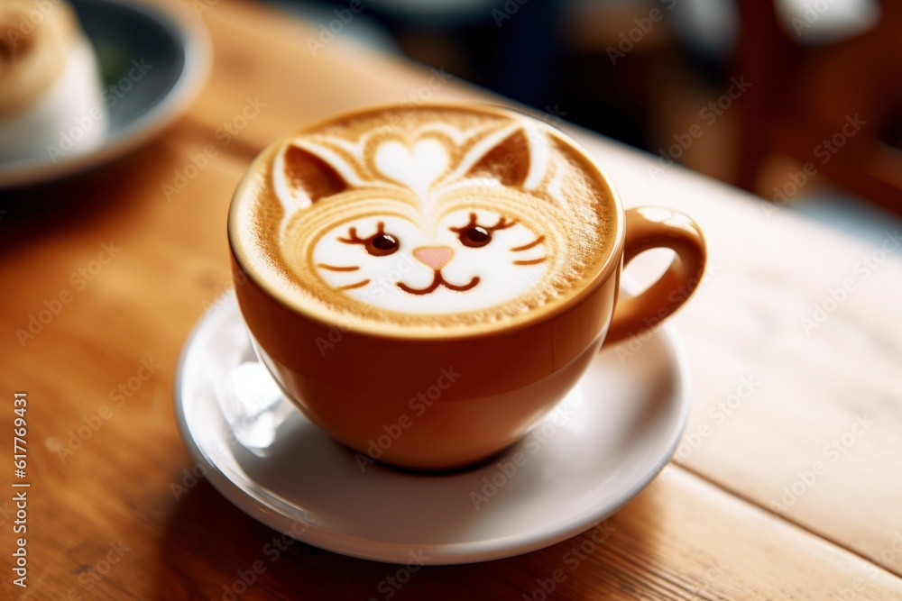 Handcrafted coffee with latte cat art in a brown cup with desk ...