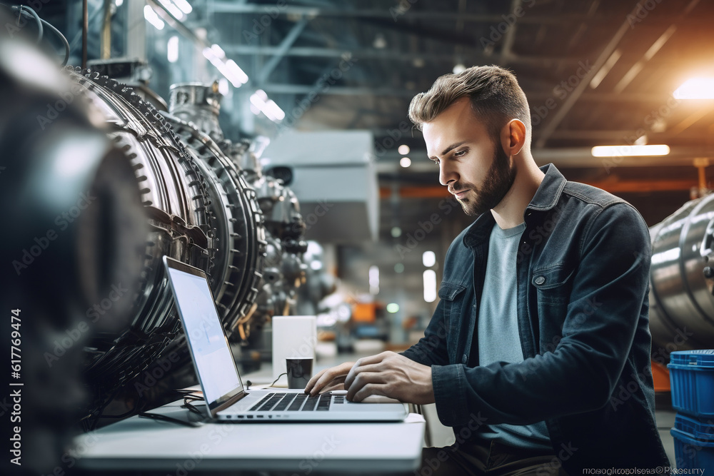 Young Industrial Engineer Working on a Futuristic Jet Engine, Standing ...