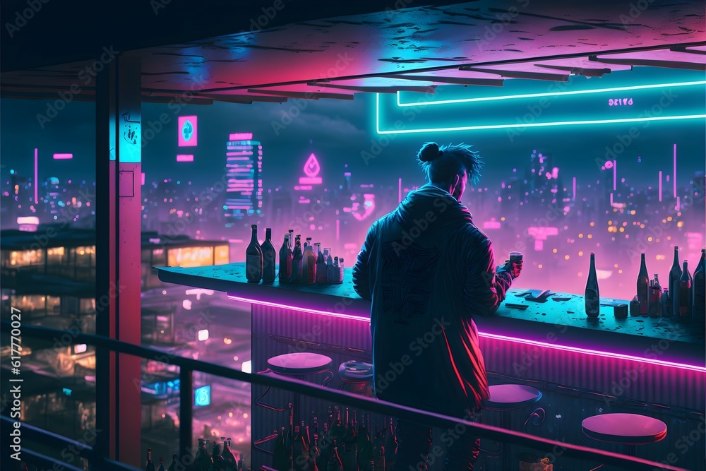 rooftop cyberpunk pub at night city in background loney young man ...