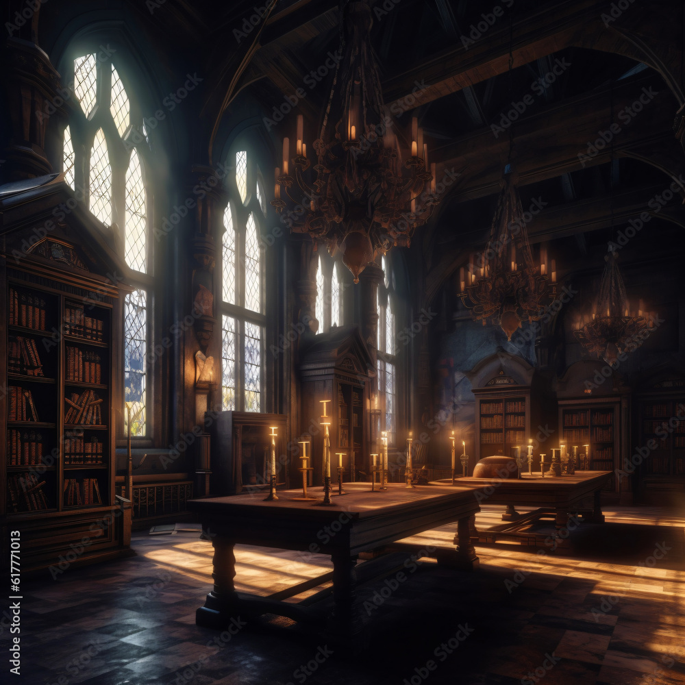 medieval library, gothic reading room interior with desks, old ...