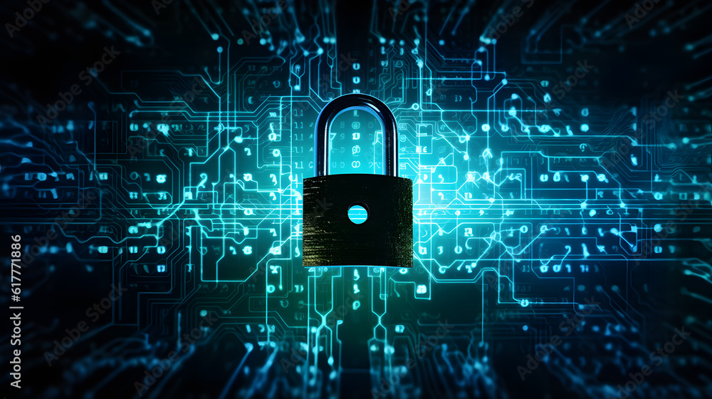 A close-up of a locked padlock on a digital background with code and binary numbers ...