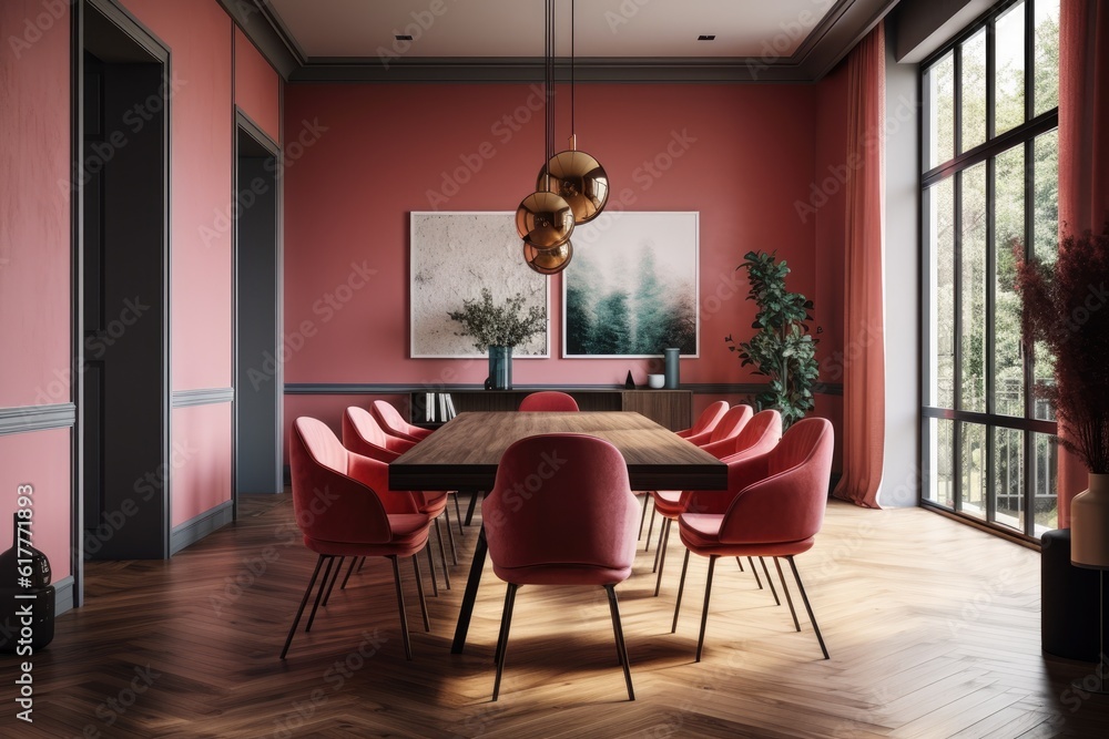 Interior design for a meeting room featuring a wooden floor, a pink ...