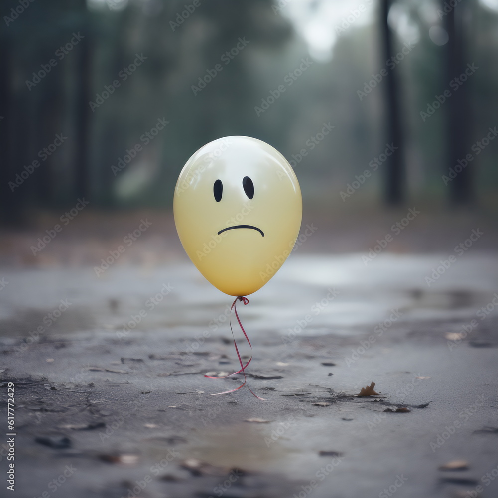 deflating yellow balloon in mud with sad face drawn on, made with ...
