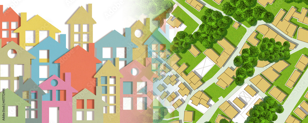 Conceptual cityscape with cardboard buildings and imaginary city map on ...