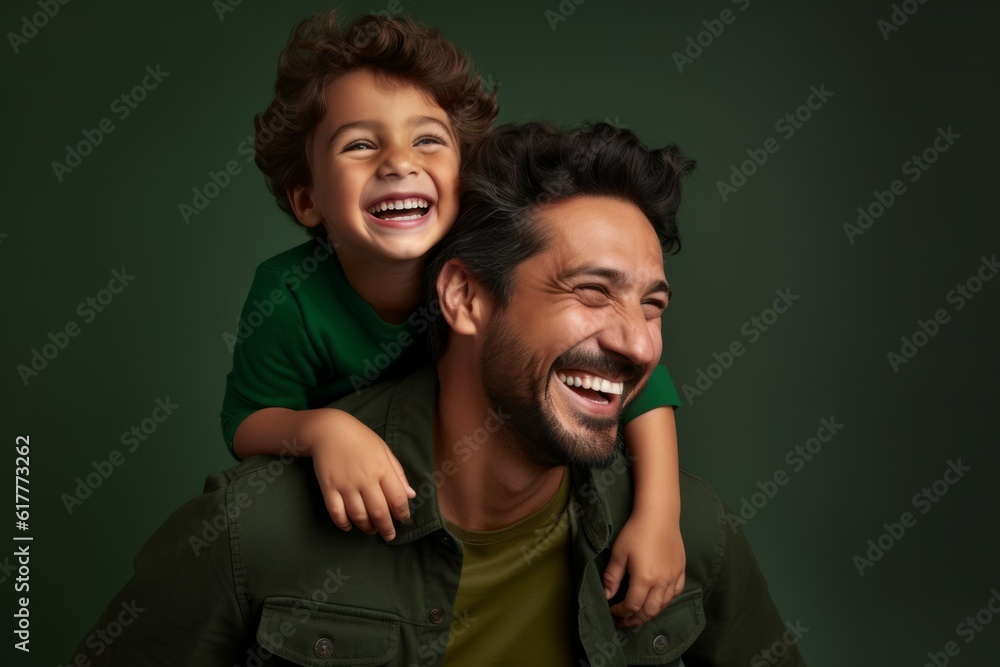 Portrait of happy father and son laughing together isolated over green ...