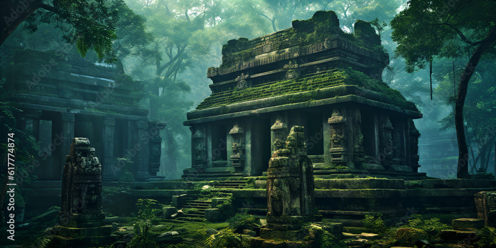ancient and overgrown mayan temple ruins in the jungle, lost place in ...