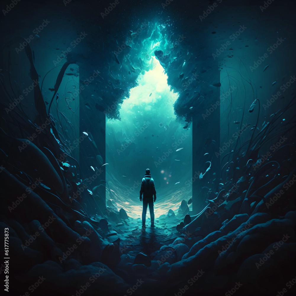 magic underwater abyss, surreal blue ocean, deep blue sea with ...