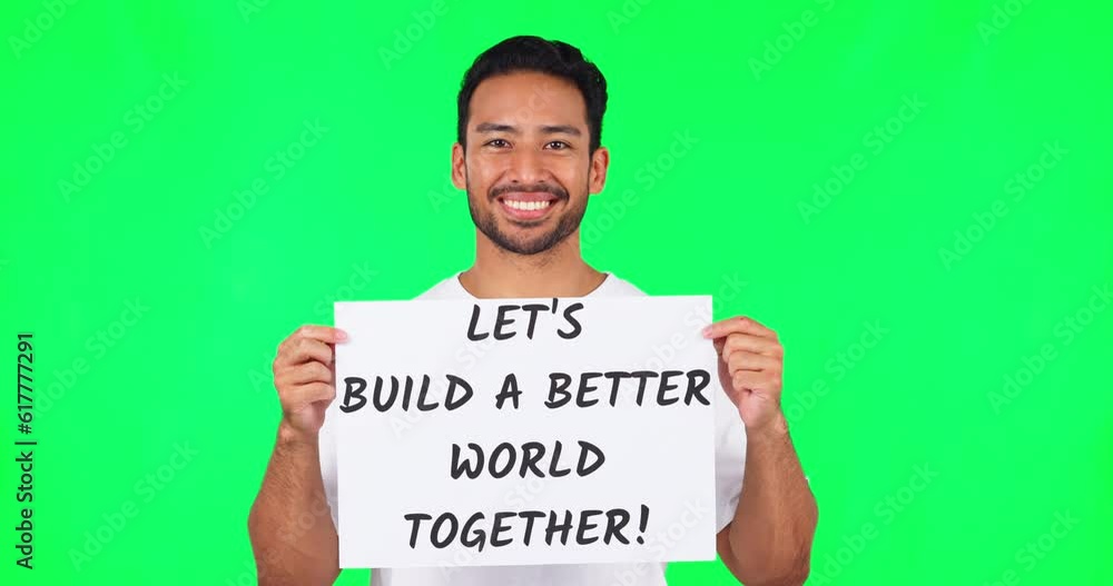Man, face and protest with board by green screen, justice and ...