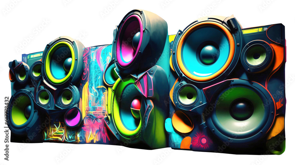 neon style graffiti wall of futuristic speakers, isolated design ...