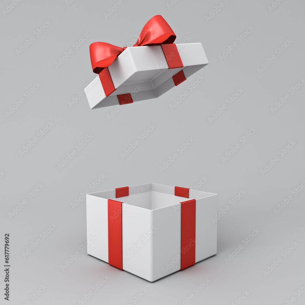 Open white present box or gift box with red ribbons and bow isolated on ...