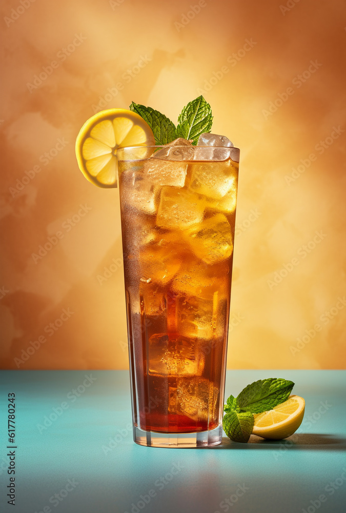 Long island iced tea on light rustic background. Summer cocktail with ...