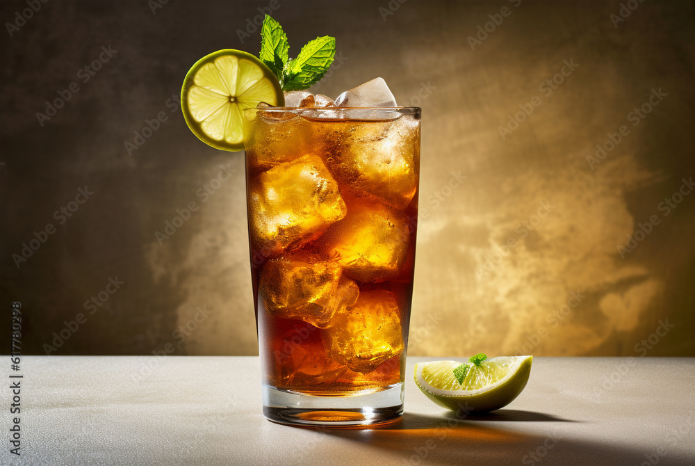 Long island iced tea on light rustic background. Summer cocktail with ...