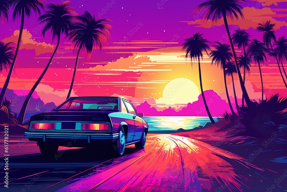 Summer vibes 80s style illustration with car driving into sunset ...