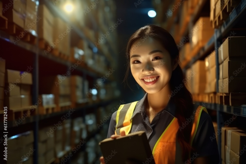 Smiling Asian woman working in a warehouse Young woman holding folder ...