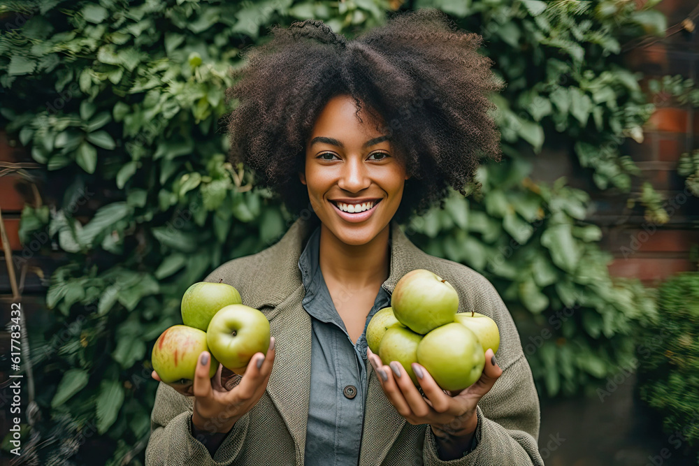 Elated Lady Showing off her Homegrown Apples in an Urban Green Space ...