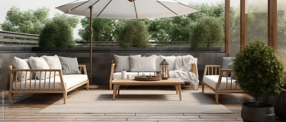 Luxury exterior design scene. Villa Backyard terrace in the evening ...