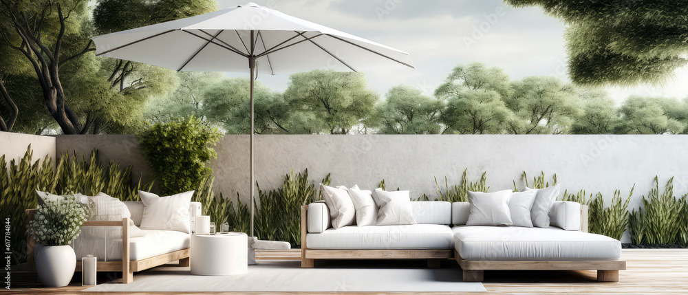 Luxury exterior design scene. Villa Backyard terrace in the evening ...