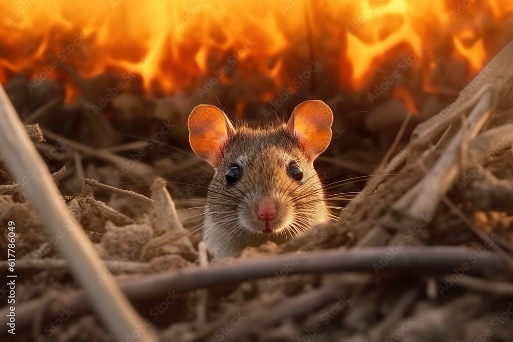 Scared mouse in the burning meadow. Climate change and drought ...