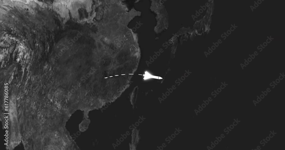 Vidéo Stock Rocket, war and animation of missile launch on black ...