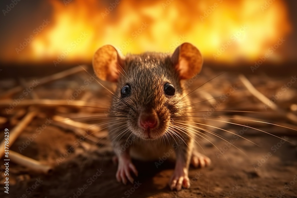 Scared mouse in the burning meadow. Climate change and drought ...