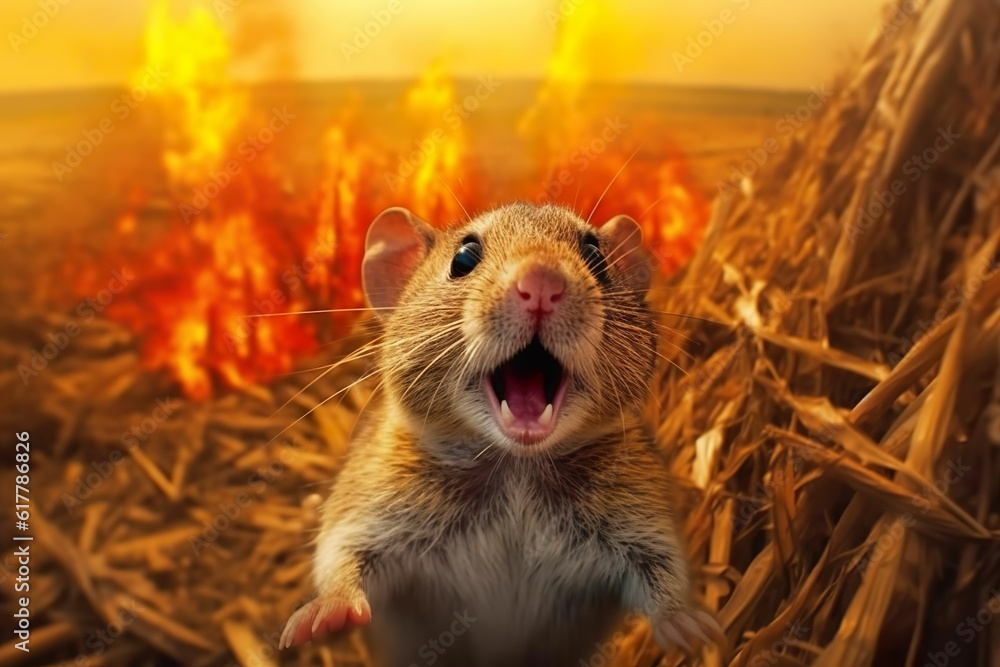 Scared mouse in the burning meadow. Climate change and drought ...