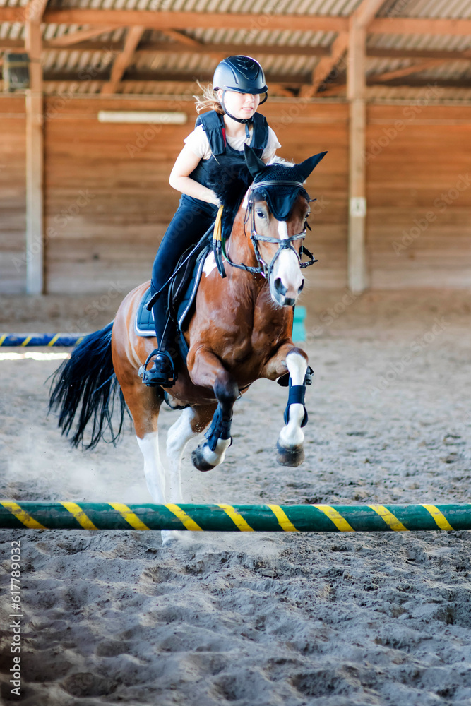 Pretty young girl doing equestrian show jumping on her pony in a farm ...