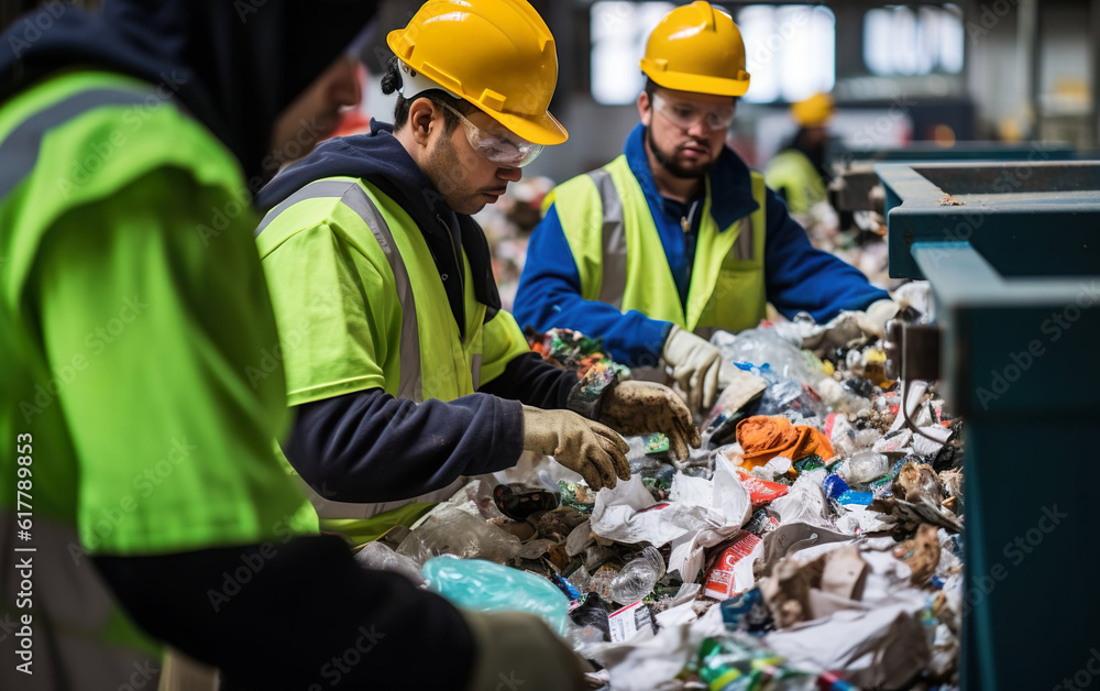 Workers processing and sorting recyclable materials in recycling ...