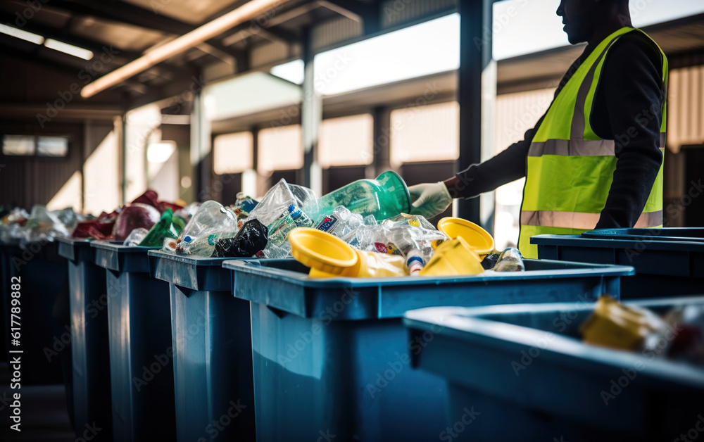 Male worker sorting recyclable materials into separate bins in a ...