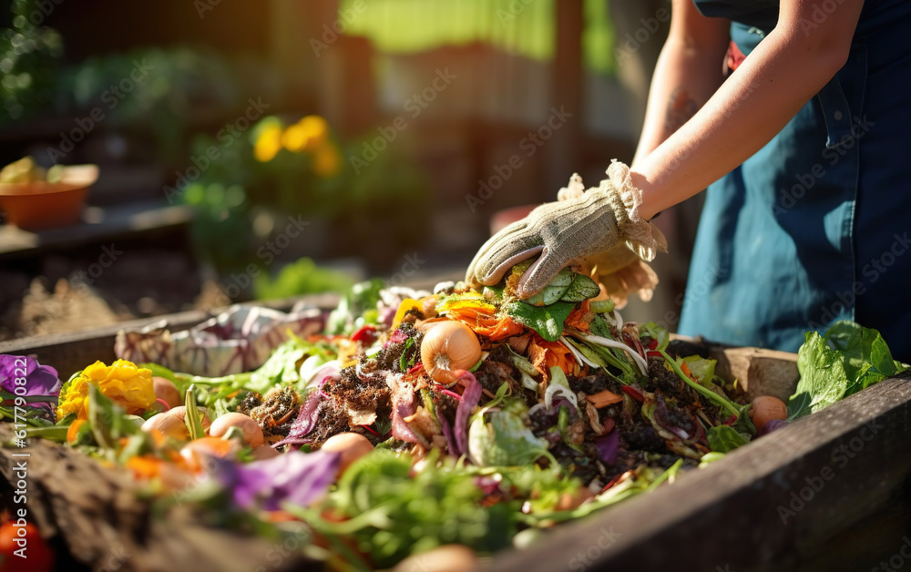 Person composting organic waste in a backyard created with Generative ...