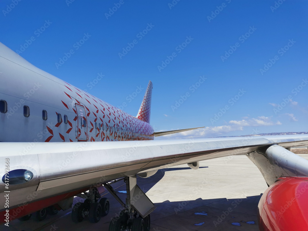 The body of an aircraft of the Rossiya airlines with a wing on which a ...