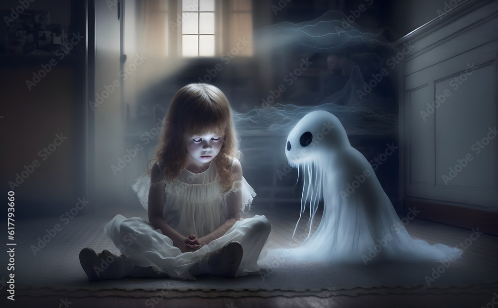 10 year old scandinavian girl and a ghost are sitting on the childs ...