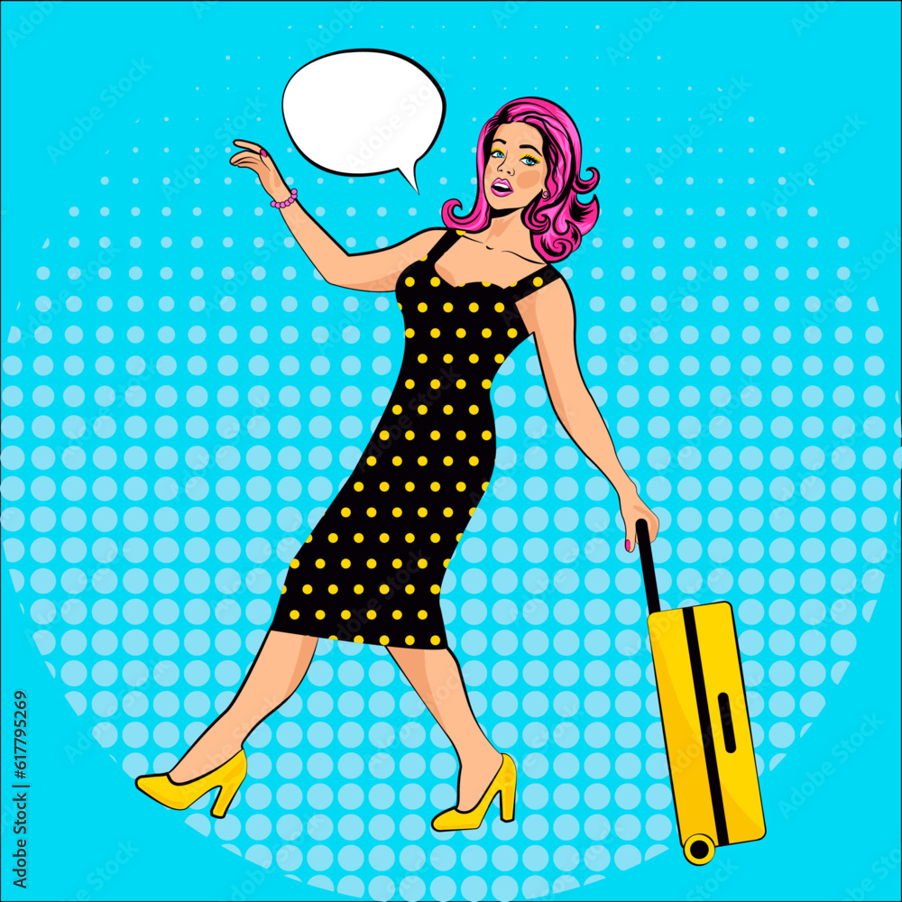 Woman traveler with Luggage. Comic cartoon pop art retro vector illustration drawing. Joyful ...