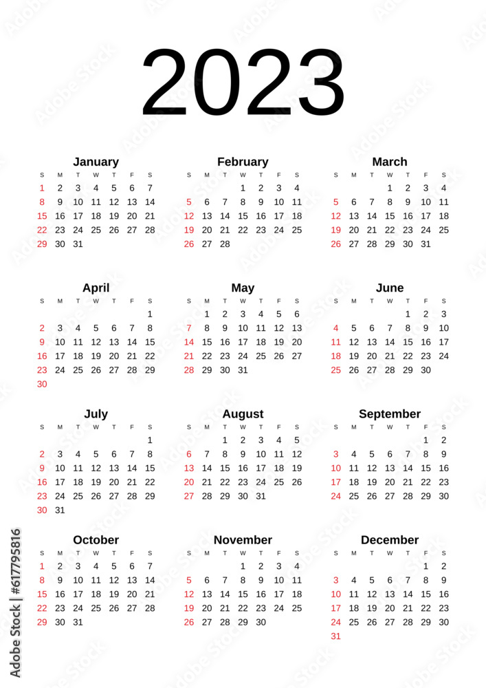 2023 Calendar year vector illustration. The week starts on Sunday ...