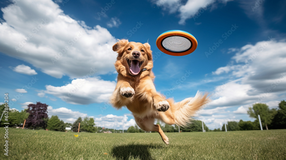 A joyful Golden Retriever leaping in the air as its owner tosses a ...