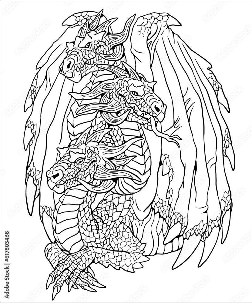 Three Headed Dragon coloring page. Fantasy illustration with mythical ...
