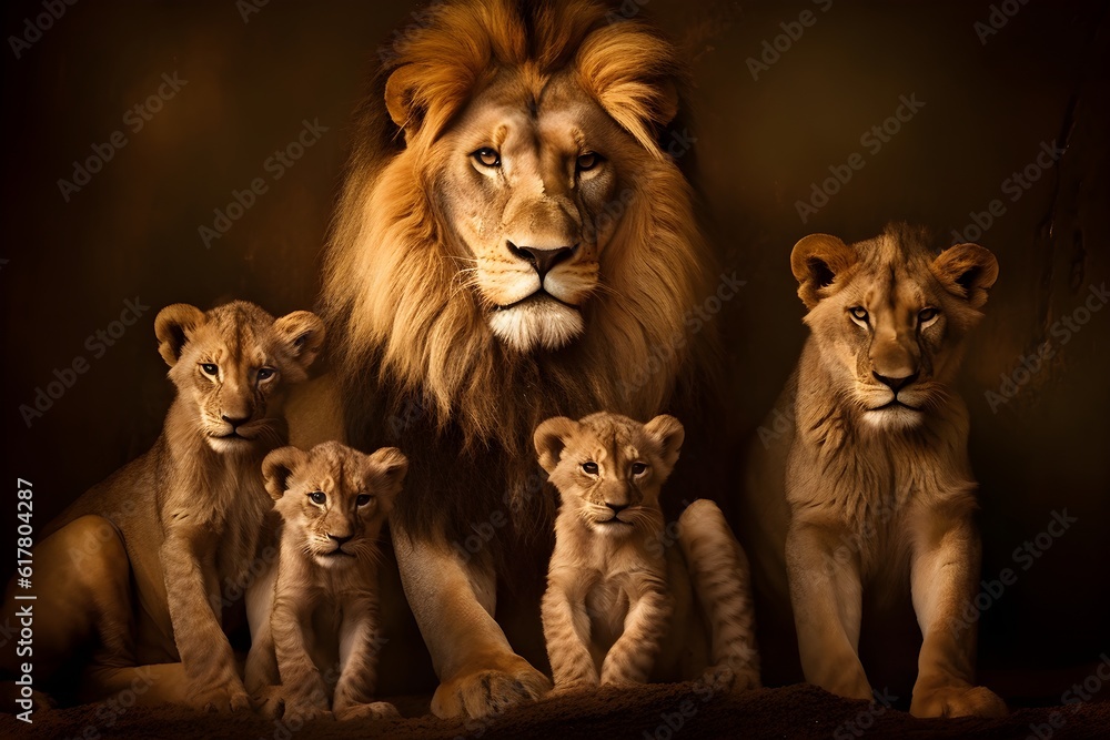 Family of lions with a lion, a lioness, and several cubs. Representing ...