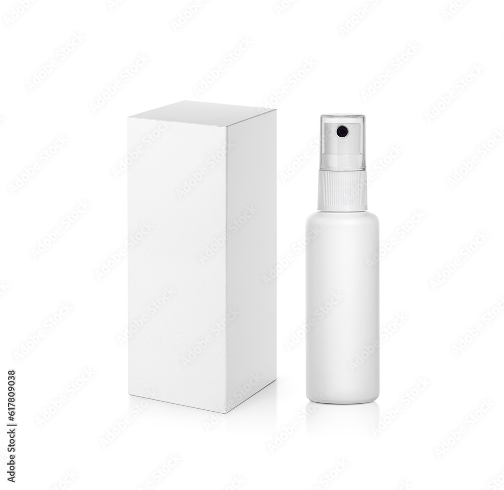 Plastic spray bottles and blank packaging white cardboard box for ...